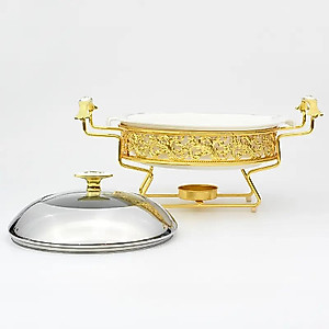 13inch Buffet Food Tray Stainless Steel Chafing Buffet Dish Round Chafer Full Size Food Warmer Heating Pan Large Capacity Serving Tray with Lid for Home Restaurant Canteen Warm Buffet Server,Gold