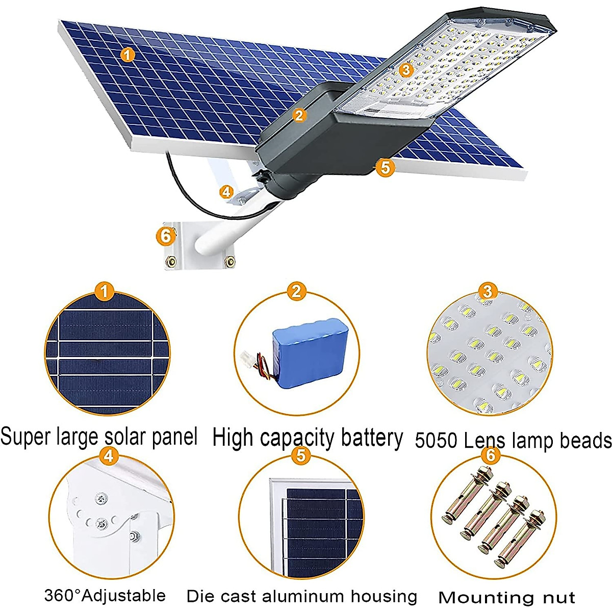 5000 Watt Solar Street Lights Outdoor, 400000LM 6500K High Powered Commercial Parking Lot Lights Dusk to Dawn, Waterproof Solar Security Flood Lights with Remote for Yard, Parking Lot, Driveway