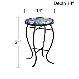 Teal Island Designs Ocean Wave Modern Industrial Black Iron Metal Round Outdoor Accent Side Table 14" Wide Light Green Mosaic Tile Tabletop Gracefully Curved Legs for Porch Patio House Balcony Deck