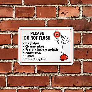 SmartSign 7 x 10 inch “Please Do Not Flush - Wipes, Feminine Hygiene Products, Paper Towels, Tissues, Trash” Bathroom Etiquette Sign with Funny STOP Symbol, 55 mil HDPE Plastic, Red, Black and White