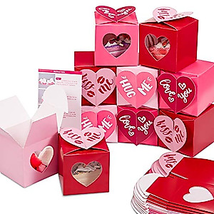 Whaline 24Pcs Valentine's Day Treat Boxes Red Rose Red Pink Heart Cardboard Box with Window 3 Inch Valentines Gift Container with Instruction for Goodie Cookie Candy Sweet Crafts Party Favor Supplies