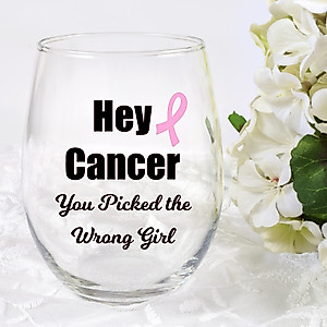 Hey Cancer You Picked the Wrong Girl Wine Glass, 21 Oz, Cancer Sucks, Breast Cancer
