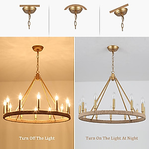 ASHUAQI Gold Wagon Wheel Chandelier 12 Light Modern Farmhouse Round Chandeliers for Dining Room Rustic Vintage Pendant Light Fixtures for High Ceilings Living Room Foyer Entryway