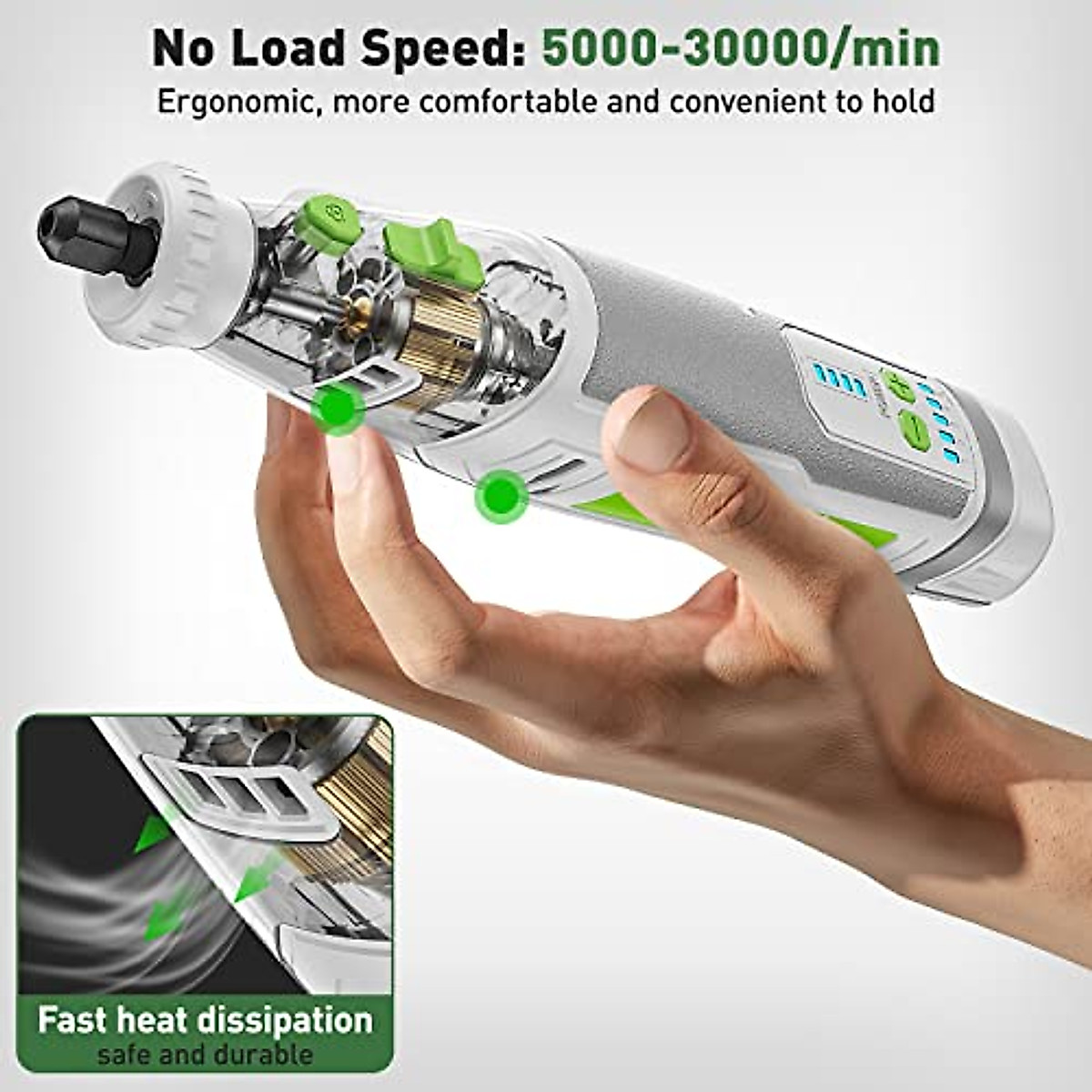 Huepar Tools Cordless Rotary Tool 8V,138pcs Accessories include MultiPro Keyless Chuck, 5 Variable Speed 5000-30000RPM Power Rotary Tool Kit for Dog Nail, Crafting Projects and DIY Creations - RT8
