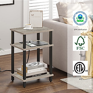 TUTOTAK End Table with Charging Station, Side Table with USB Ports and Outlets, Nightstand, 3-Tier Storage Shelf, Sofa Table for Small Space TB01BG042
