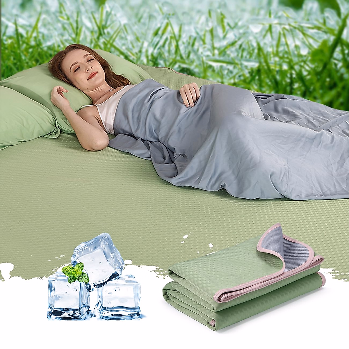 QUILTINA Cooling Sleeping Mat Set with 2 Pillowcases, Good Heat Conduction Mattress Topper Pad for Summer Hot Sleepers, Comfort Soft Nonslip Matting Cover for All Seasons, Green, King 78x80 in