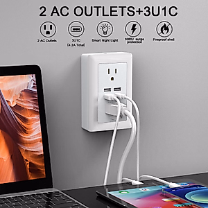 USB Wall Charger, Surge Protector,Nustsa Outlet Extender with Night Light, 4 USB Charger Ports(4.2A Total) 1680J Power Strip, Wall Adapter Spaced for Home Travel Office (3U1C)