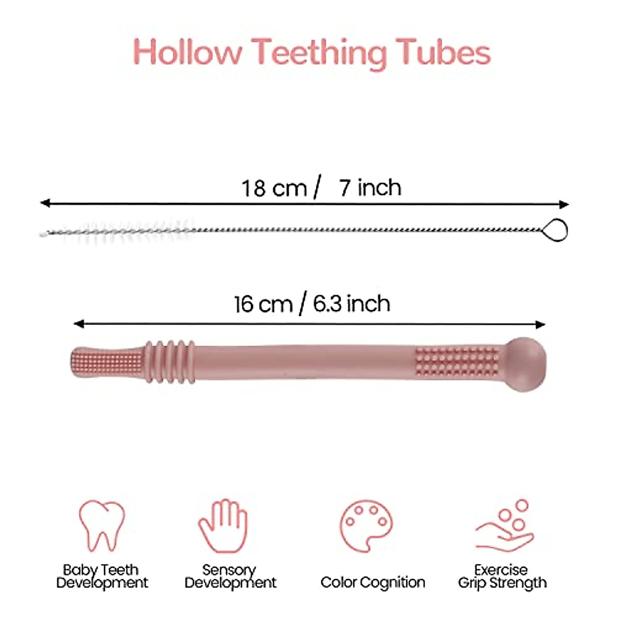 Fu Store Hollow Teether Tube, 6 Pack Chew Straw Toy for Infant Toddlers Silicone Tubes Teething Toys for Babies 3-12 Months BPA Free/Freezable/Dishwasher and Refrigerator Safe