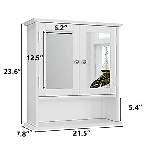 Mino Kesper Bathroom Wall Cabinet with Mirror, White Bathroom Cabinet with 2 Doors and Adjustable Shelf, Wall Mounted, 21.5" W x 7.8" D x 23.6" H