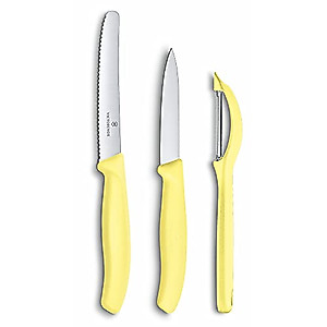 Victorinox Carbon Steel "Swiss Classic Trend Colours Special Edition" Set of 2 Kitchen Knives and 1 Peeler, 11 cm Wavy & 8 cm Straight Edge Knives with a Vegetable Peeler - Lemon, Swiss Made, Medium (6.7116.31L82)