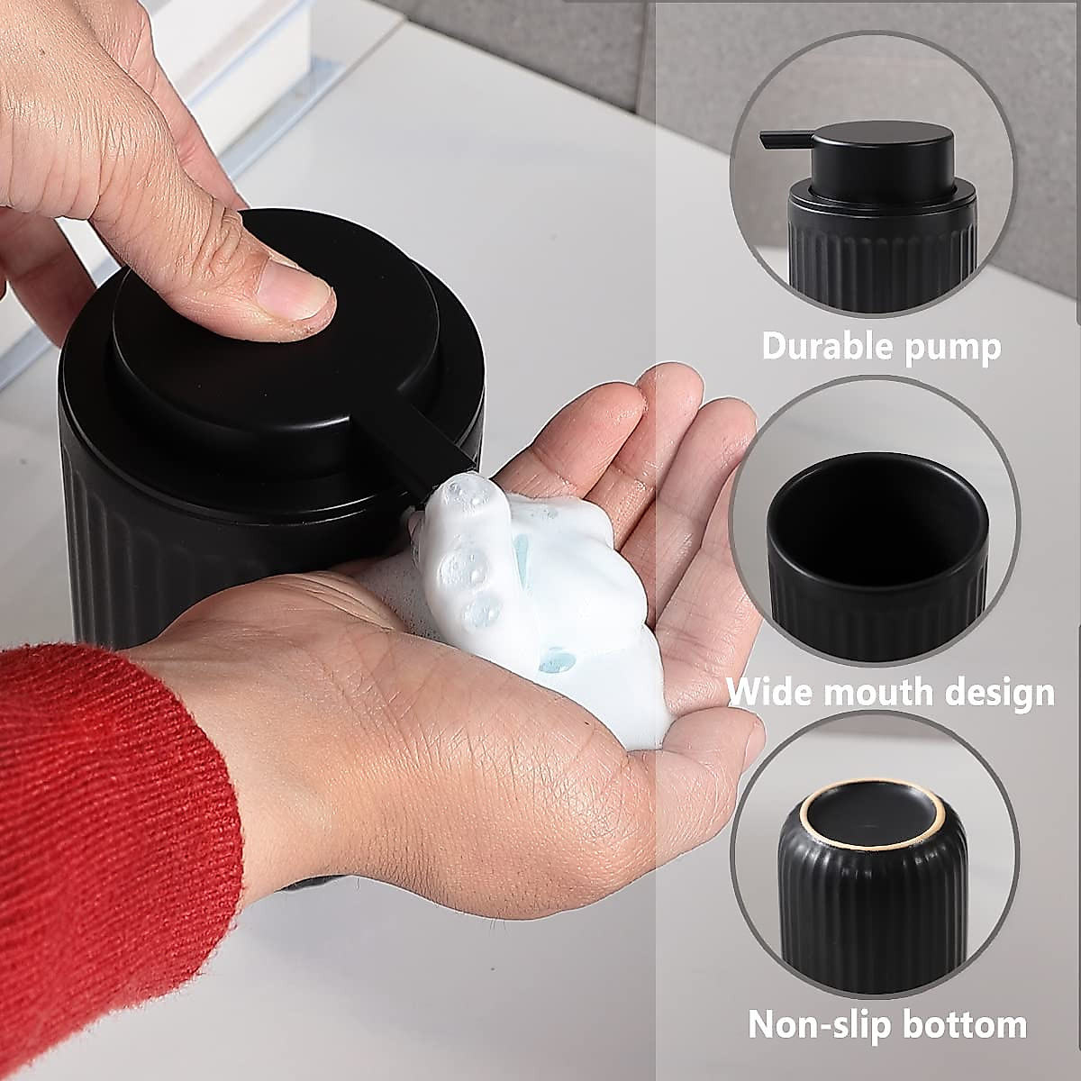 BSDISP Ceramic Foam Hand Dish Liquid Black Soap Dispenser for Bathroom, 12 oz Refillable Lotion Soap Dispenser with Black Pump, Modern Home Bathroom Decor