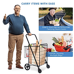 Smartxchoices Large Capacity Folding Shopping Cart with Swivel Wheels, Black, 66 Ibs