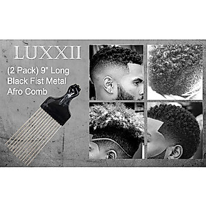 Luxxii (2 Pack) 8" Long Black Fist Metal Afro Pick Lift Hair Comb Detangle Wig Braid Hair Man Styling Comb