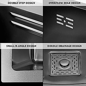 304 Stainless Steel Handmade Kitchen Sink Multi-Purpose Waterfall Bar Sink Black Nano Rv Sink with Pull-Out Faucet and Cup Washer Top Mount Or Undermount (Color : Black, Size : 80x45x22cm)