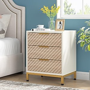 Tribesigns Night Stands for Bedrooms, White and Gold Light Wood Grain Nightstands with 3 Drawers Bedside End Tables Storage for Bedroom