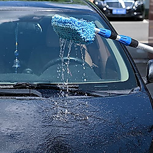 Car Wash Brush with Long Handle(5FT-11FT),12" Blue Brush Head,Water Flow Extension Pole with an ON/OFF Switch,Car Washing Brush with Hose Attachment for Car,Truck,SUV,RV and Other Surface Cleaning