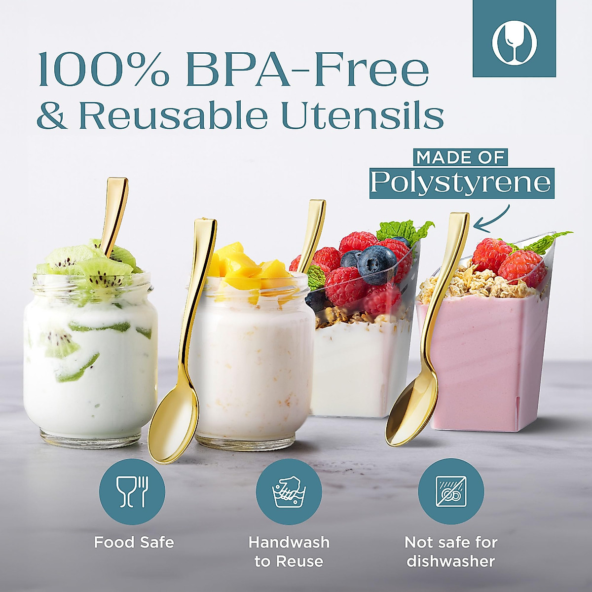 Posh Setting - Plastic Mini Spoons, Gold Mini Spoons, Gold Plastic Mini Dessert Spoons, Disposable Tiny Gold Spoons, 4 inch Mini Spoons for Appetizers, Taster Spoons, Ice Cream Spoons (36 Pack)