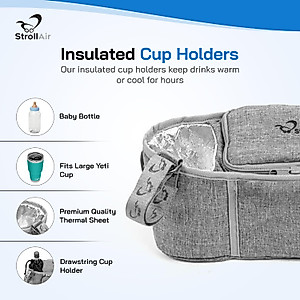 StrollAir Universal Double Stroller Organizer, Insulated Cup Holder Stroller Caddy for TWIN WAY Mountain Buggy Bumbleride Indie Twin Bob Duallie & Baby Jogger City Mini Stroller Accessories, Grey