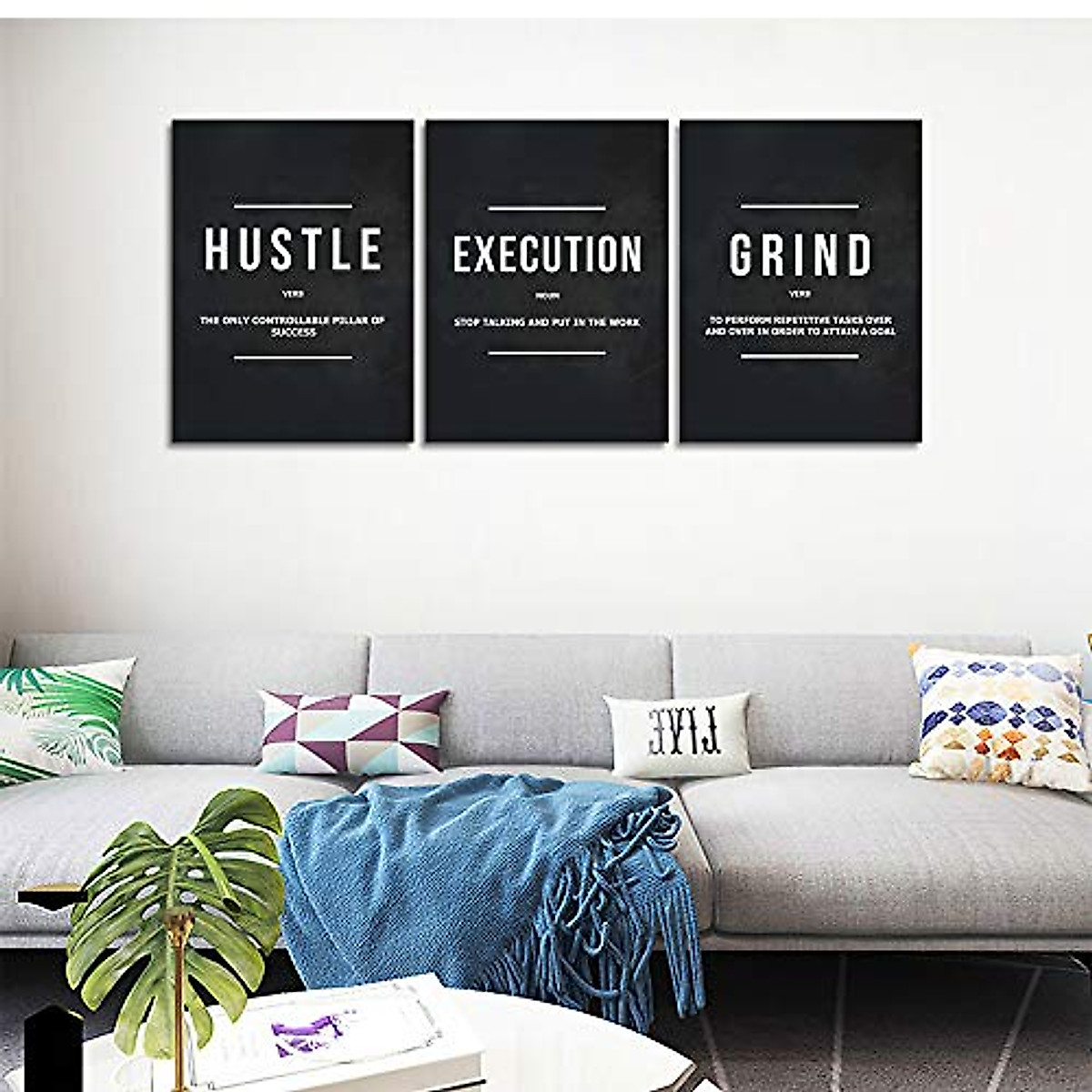 Motivational Posters Inspirational Wall Art Motivation Canvas Paintings Wooden Framed Hustle Wall Decor Black 3 Pieces Office Wall Art for Living Room Bedroom Home Decor Easy to Hang(36”Wx16”H)