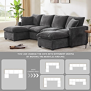 110" Modern U Shape Modular Sofa, 6 Seat Chenille Sectional Couch Set with 2 Pillows Included, Freely Combinable Indoor Funiture for Living Room, Apartment, Office (Black Grey, 6 Seat)