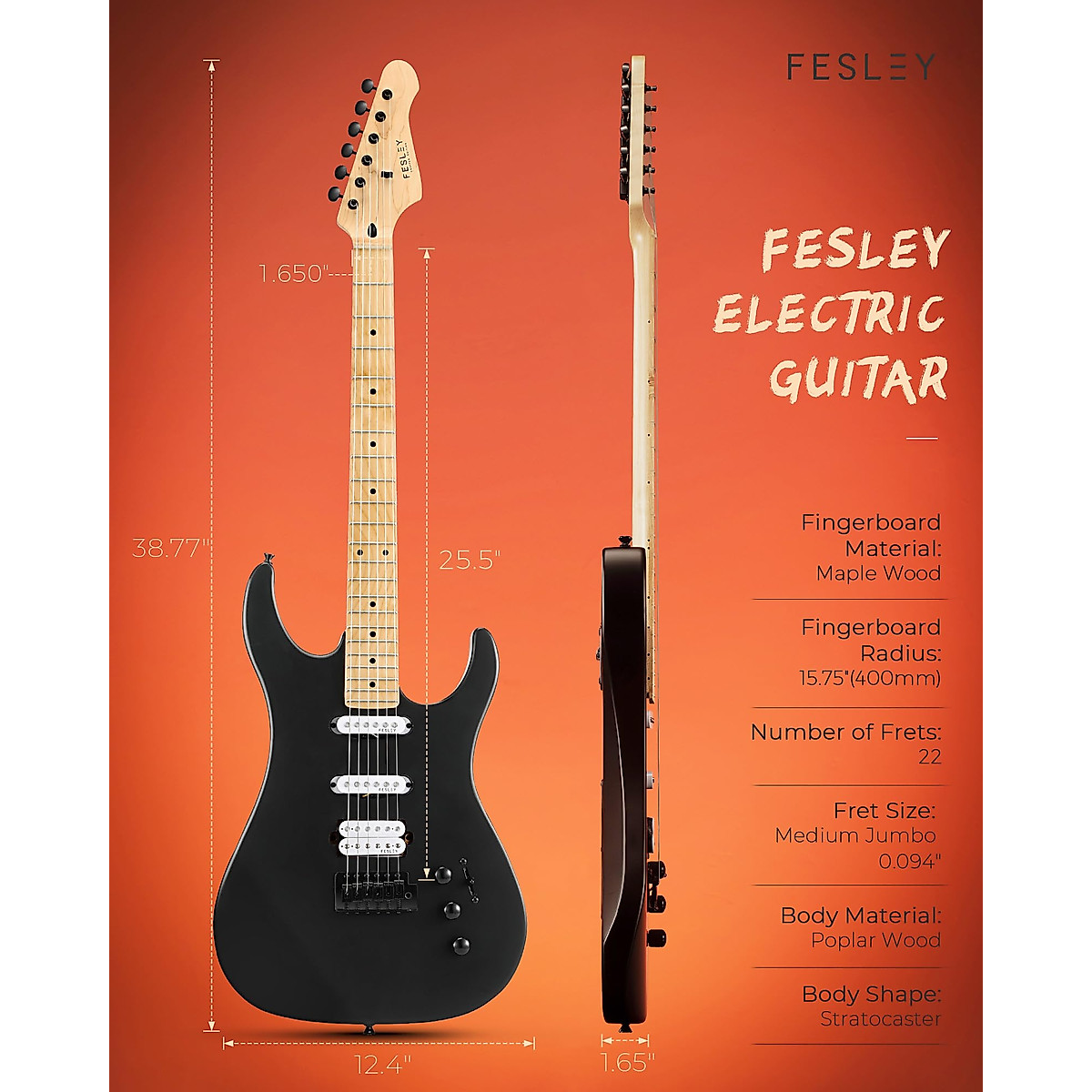 Fesley 39" Electric Guitar, Full Size Solid Body Electric Guitars For Beginner, ST Style, Maple Neck/Fretboard, Electric Guitar Kit With HSS Pickup, Gig Bag, Matte, Morandi Black