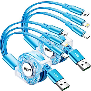 Multi Charging Cable,[2Pack 4FT] Retractable Fast Charging 3 in 1 USB Charger Cable Phone Charger Cord with Lightning/Type C/Micro USB Port for Cell Phones,iPhone,iPad,Samsung Galaxy,PS,Tablet,More