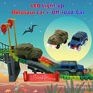 IQKidz Dinosaur World Race Track Toys - 216pcs Flexible Track Playset with 1 Dinosaur Car, 1 Race Car, 6 Dino Toys, for Kids 3 4 5 6 Year & Up Old (Boys and Girls)