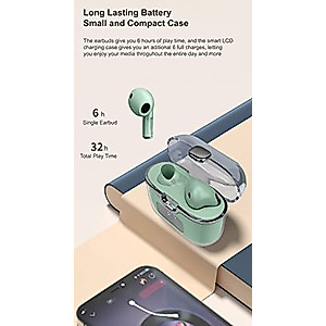 Acuvar in-Ear Wireless Bluetooth 5.2 Headphones, Earbuds IPX7 Waterproof with Microphone Rechargeable USB C Case LCD Display for Smartphones Android iOS (Green)