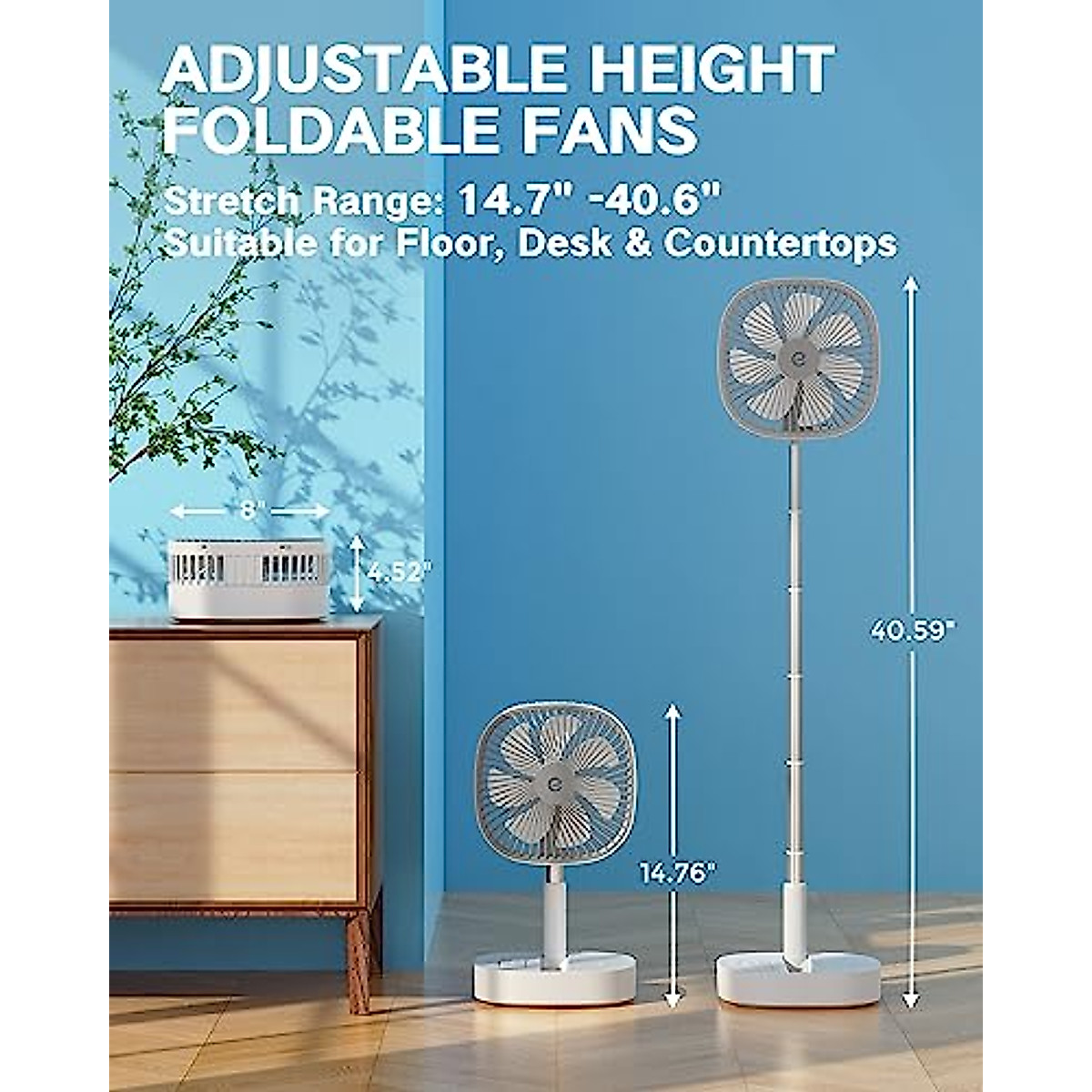 esemoil Portable Foldable Fan for Travel, 8" Oscillating Rechargeable Fan with Remote, 7200mAh Rechargeable Folding Standing Table Fan with 4 Speeds, Floor Pedestal Fan for Bedroom Office Travel Camp