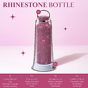Paris Hilton Diamond Bling Water Bottle With Lid And Removable Carrying Strap, Stainless Steel Vacuum Insulated, Bedazzled With Over 5000 Rhinestones, 25-Ounce, Ombre Pink to Silver