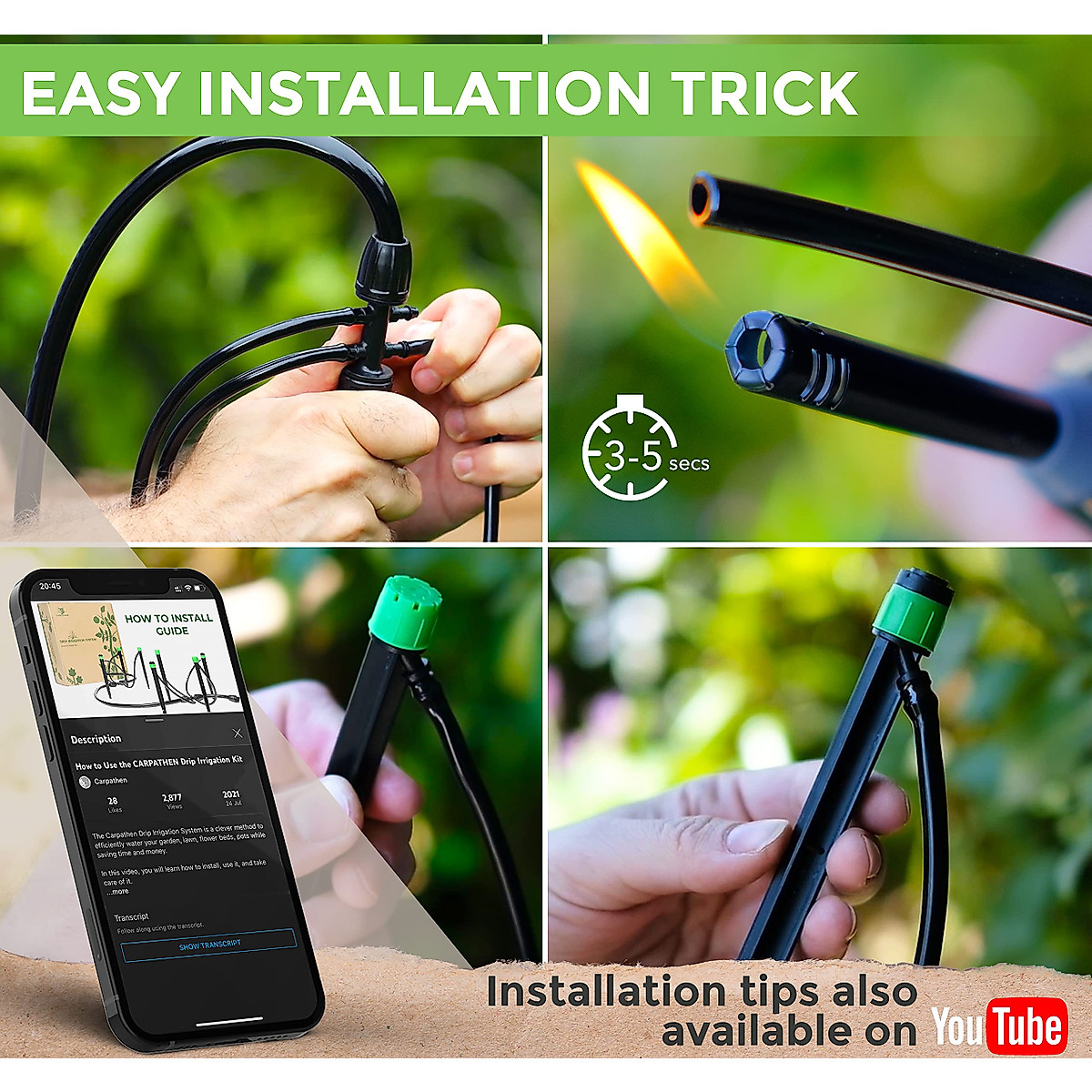 CARPATHEN Drip Irrigation Kit - Adjustable Premium Garden Watering System for Raised Garden Bed, Yard, Lawn + 6 pcs Drip Irrigation Parts - 3 x Female Thread Adapter + 3 End Plugs for 5/16 Mainline