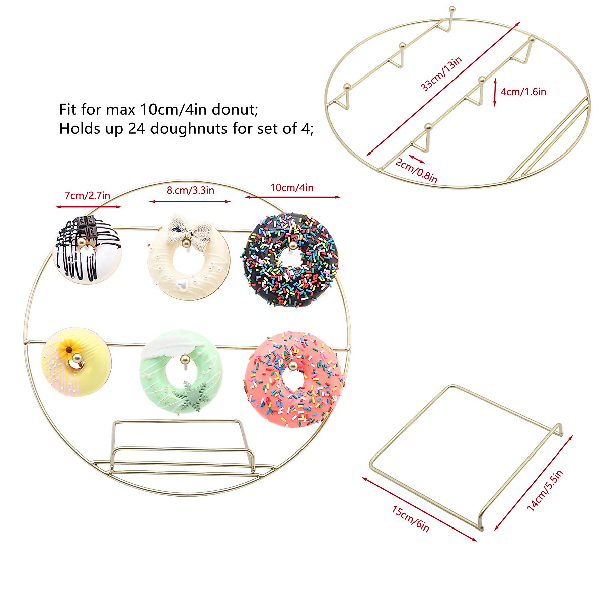 4 Pack Metal Donut Wall Display Stands Set, Reusable Doughnut Bagel Holder Gold Round Donuts Stand Rack Display Holds up 10cm 24 Donuts for Dessert Display Table Treat Parties Decorations
