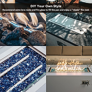 Skyflame Rectangular Stainless Steel Drop-in Fire Pit Pan and Burner with Burner Cover, Include 42" X 18" Fire Pit Glass Wind Guard