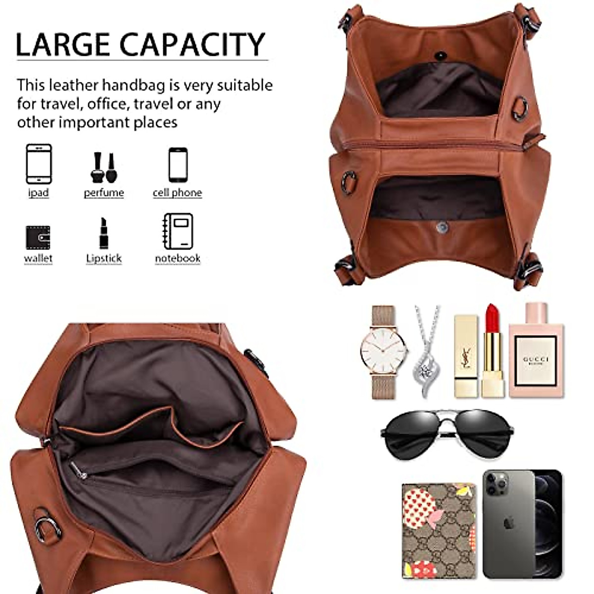 10L Big Hobo Bags for Women Designer Purses and Handbags Leather Tote Bag Conceal Carry Shoulder Crossbody Purses for Women Brown