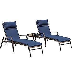 LOKATSE HOME 3 Pieces Outdoor Patio Chaise Lounges Chairs Set Adjustable with Folding Table, Dark Blue Cushions