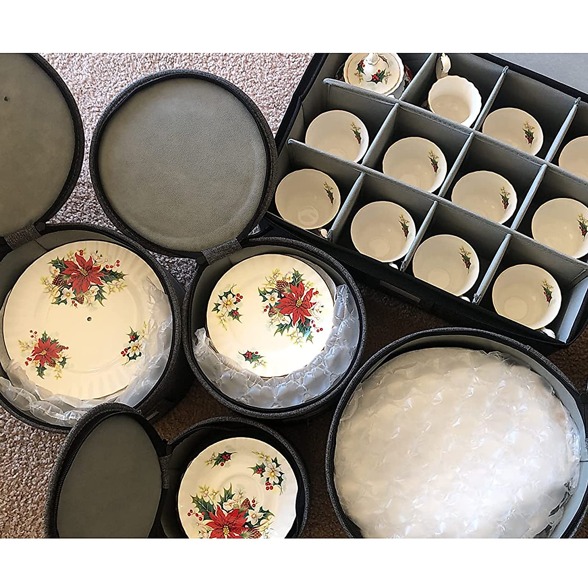 TOPZEA Set of 5 China Storage Containers, Dinnerware Storage Containers Hard Shell Stackable Moving Boxes Protectors for Dishes, Cups, Mugs and Plates, Felt Plate Dividers Included, Grey