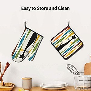 JEKYDOSD Print Mid-Century Modern Art Cat Oven Mitts and Pot Holders Sets Resistant Hot Pads with Polyester Non-Slip Gloves for Kitchen,Cooking,Baking,Grilling