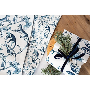 All Day Soirée Chinoiserie Designer Kitchen Tea Towels 3 Pack 100% Absorbent Cotton Tiger Monkey Floral Hand Towel Large Dish Cloth Set Blue White