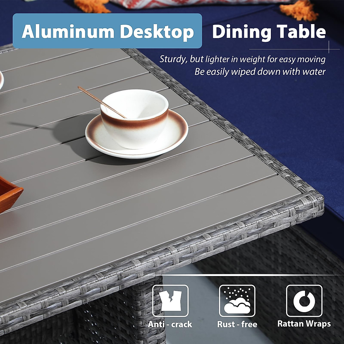 JOIVI 7 Piece Patio Furniture Set, Outdoor Dining Sectional Sofa Set with Aluminum Top Dining Table, Rattan Dining Conversation Furniture Set with Ottomans for Deck, Backyard, Navy Blue