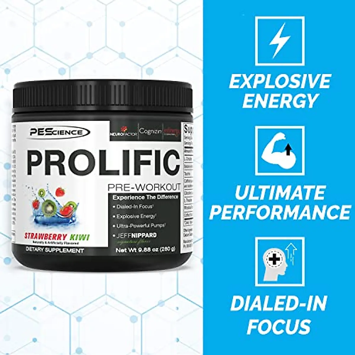 PEScience Prolific Pre Workout Powder, Strawberry Kiwi, 40 Scoop, Energy Supplement with Nitric Oxide