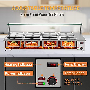 ROVSUN 96QT Steam Table, 12-Pan Electric Commercial Food Warmer Stainless Steel Bain Marie Countertop w/Glass Shield Temperature Control & Lid for Buffet Party Catering Restaurant 8QT/Pan 1500W 110V