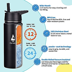 Farsea Insulated Water Bottle with Straw Lid & Spout Lid & Paracord Handle, Stainless Steel Water Bottle Wide Mouth, Double Wall Sweat-Proof BPA-Free, 18 oz, Black