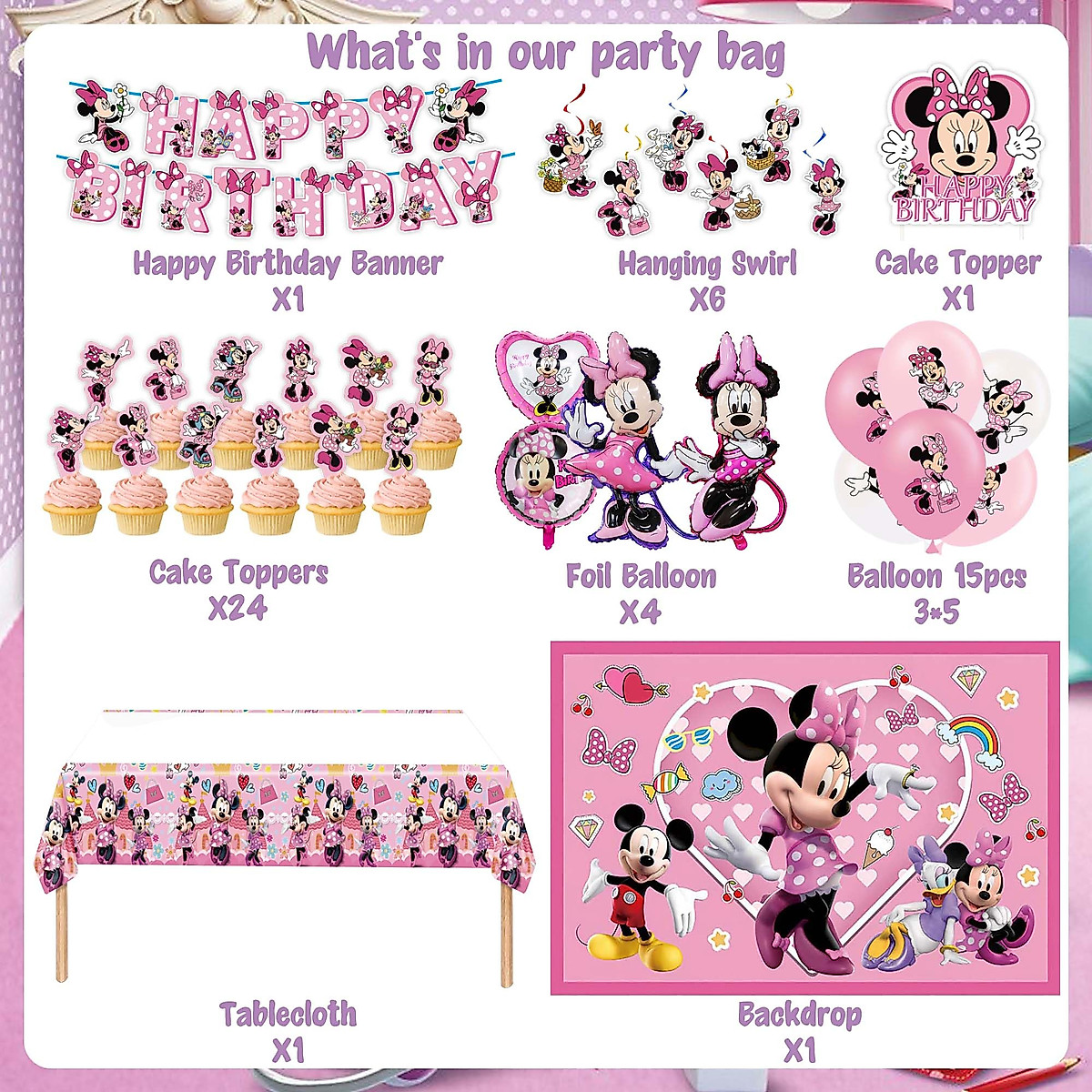 Pink Mouse Birthday Party Supplies, Pink Mouse Birthday Party Decorations Include Banner, Backdrop, Hanging Swirls, Foil Balloons, Cake Toppers, Tablecloth, Pink Mouse Girls Party Favors