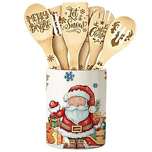 Christmas Utensil Holder Ceramic with 6 PCS Cooking Utensil, Christmas Women Gifts Santa Claus Cooking Utensil Crock Holder for Kitchen Counter Decorations Countertop Spatula Utensil Storage Organizer