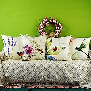 ONWAY Spring Summer Throw Pillow Covers 20x20 Inch Set of 4 Bee Butterfly Decorative Farmhouse Throw Cushion Cover Outdoor Pillows for Couch Sofa Patio Furniture Porch
