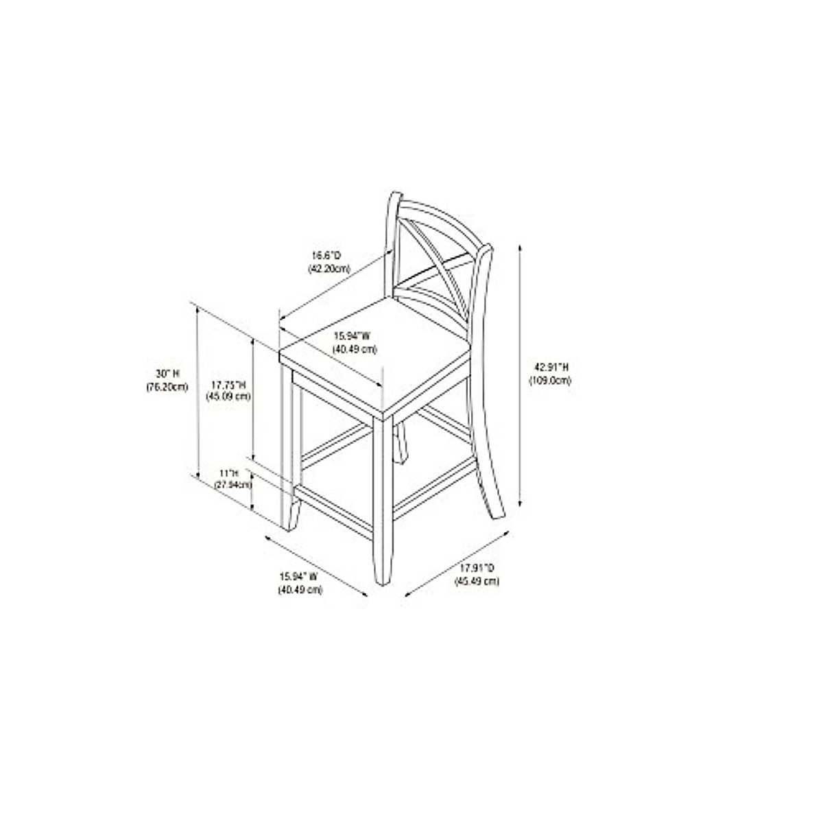 Linon Home Dcor Finished X-Back 30", Black Bar Stool, 16"W x 17.91"D x 42.91"H,