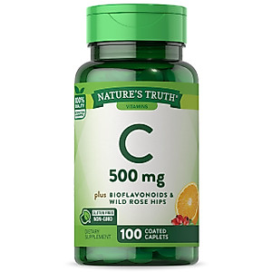 Vitamin C with Rose HIPS and Bioflavonoids | 500mg | 100 Caplets | Vegetarian, Non-GMO & Gluten Free | by Nature's Truth.