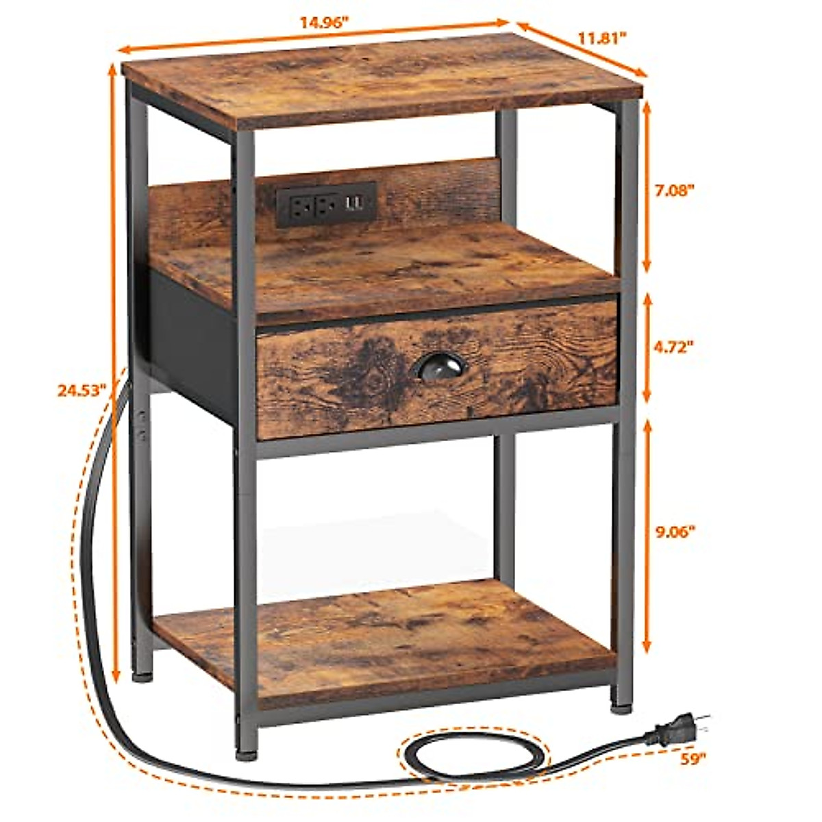 Furologee Nightstand Set of 2 with Charging Station, End Table with USB Ports&Power Outlets, 3-Tier Storage Shelf Tall Bedside Table, Industrial Side Table with Fabric Drawer for Bedroom/Living Room