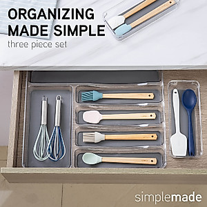 SIMPLEMADE Silverware Organizer Tray Set - 3 Piece Flatware Organizer for Drawer - Clear Cutlery Tray Drawer Insert with Easy Clean Liner - Multipurpose Storage for Kitchen, Office, Bathroom (Grey)