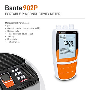 Bante 902P Portable pH Conductivity Meter | Multi-Parameter Meter for Measuring pH, Conductivity, TDS, Salinity, Resistivity, ORP and Temperature | Accuracy ±0.002 pH, ±1% F.S.